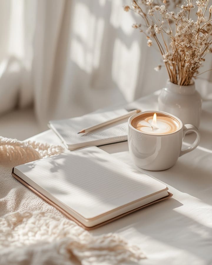Morning Cup of Coffee, a Burning Candle, and a Blank Journal on a ...