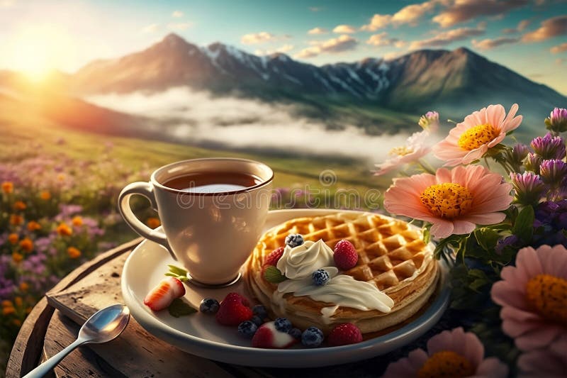 Morning Cup of Coffee with Mountain Background. Generative AI Stock ...