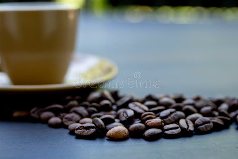Morning Cup of Hot Coffee. Steam Over the Cup. Coffee Beans and Coffee ...