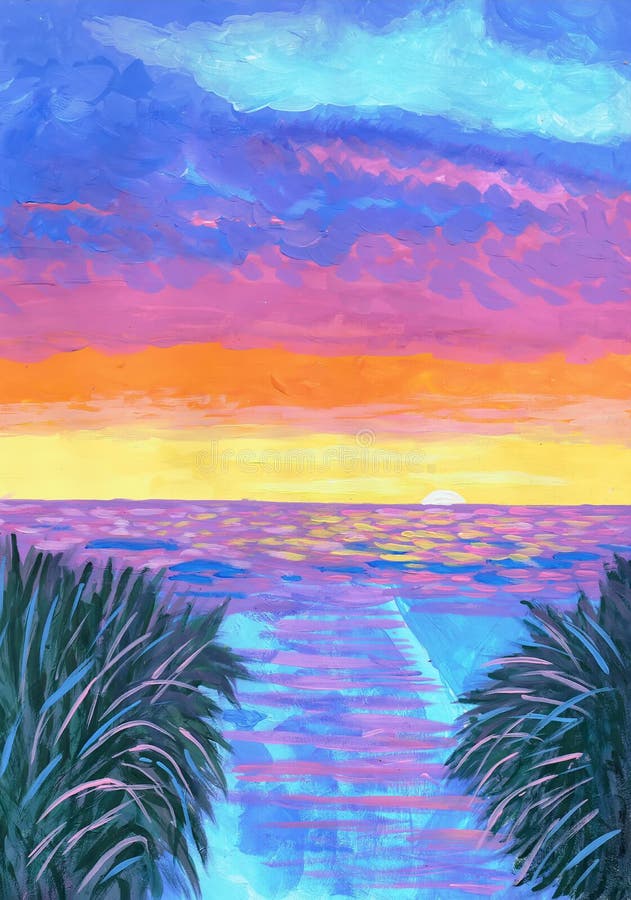 Morning Dawn Over the Sea. Children`s Drawing Stock Illustration ...