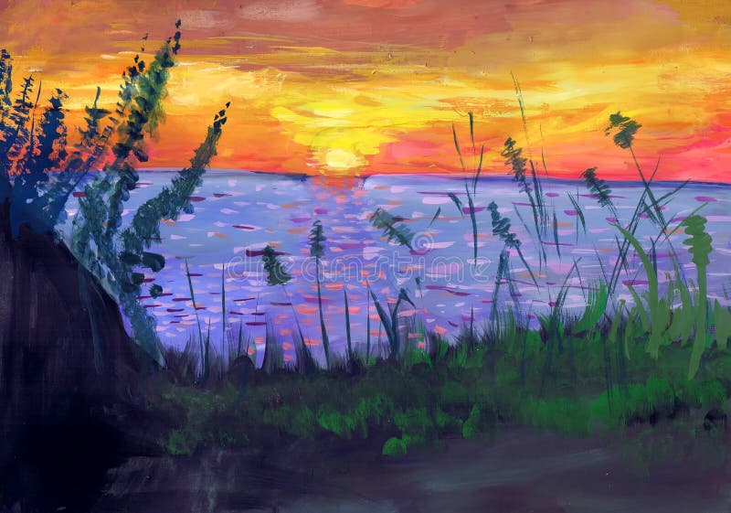 Morning Dawn Over the Sea. Children`s Drawing Stock Illustration ...