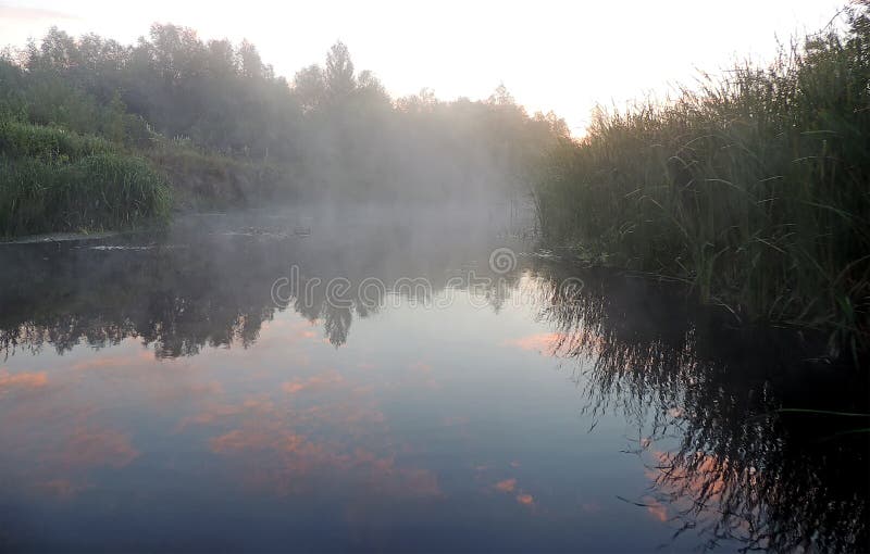 Morning dawn river mist stock photo. Image of reflection - 68780684