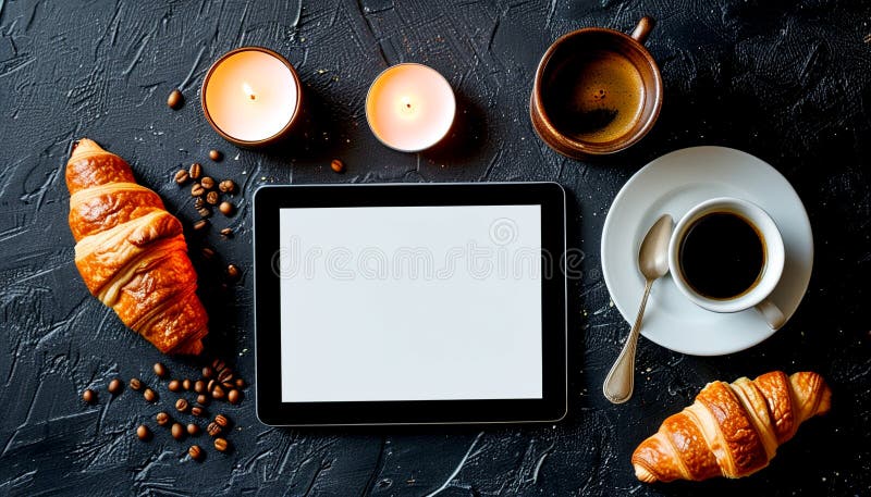 Morning Delight with Croissants, Coffee, and a Tablet on a Dark Table ...