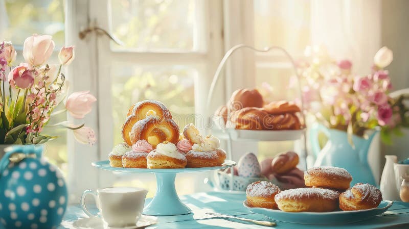 Morning Delight with Pastries, Coffee, and Fresh Flowers in Sunlight ...