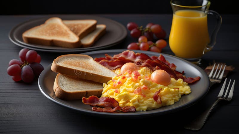 Morning Delight, Scrumptious Scrambled Eggs with Bacon, Toast, and a ...