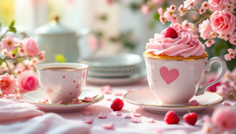 Morning Delight with Tea, Cake, and a Loving Message Stock Illustration ...
