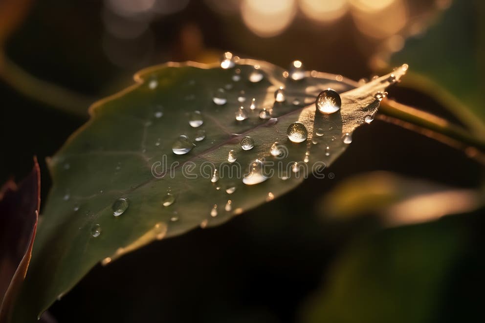 Sunlit Water Drops on Leaf. Spectacular Water Droplets. AI Generative ...