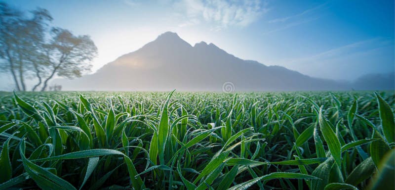 Morning Dew on the Grass Against the Backdrop of a Mountain Peak Stock ...