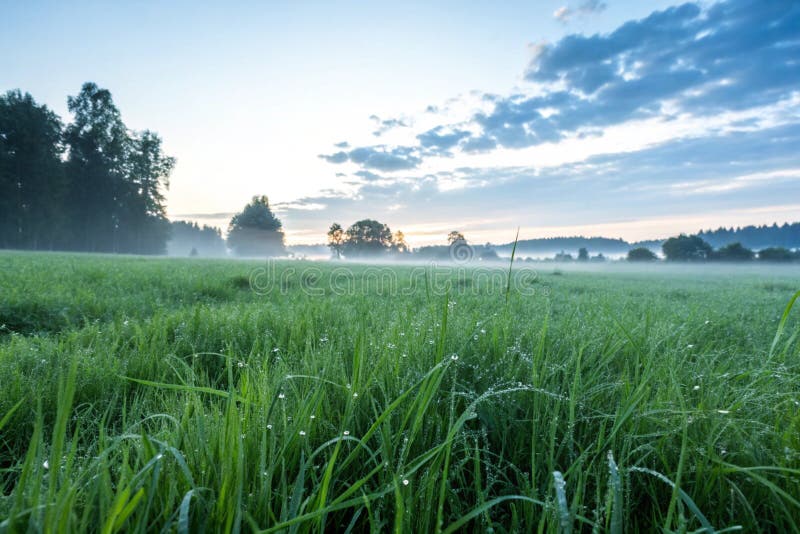 Morning Dew on Green Grass in a Field in Russia Stock Illustration ...