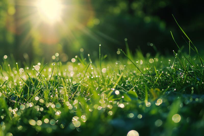 Morning Dew on the Green Grass with Sun Rays and Lens Flare Stock ...