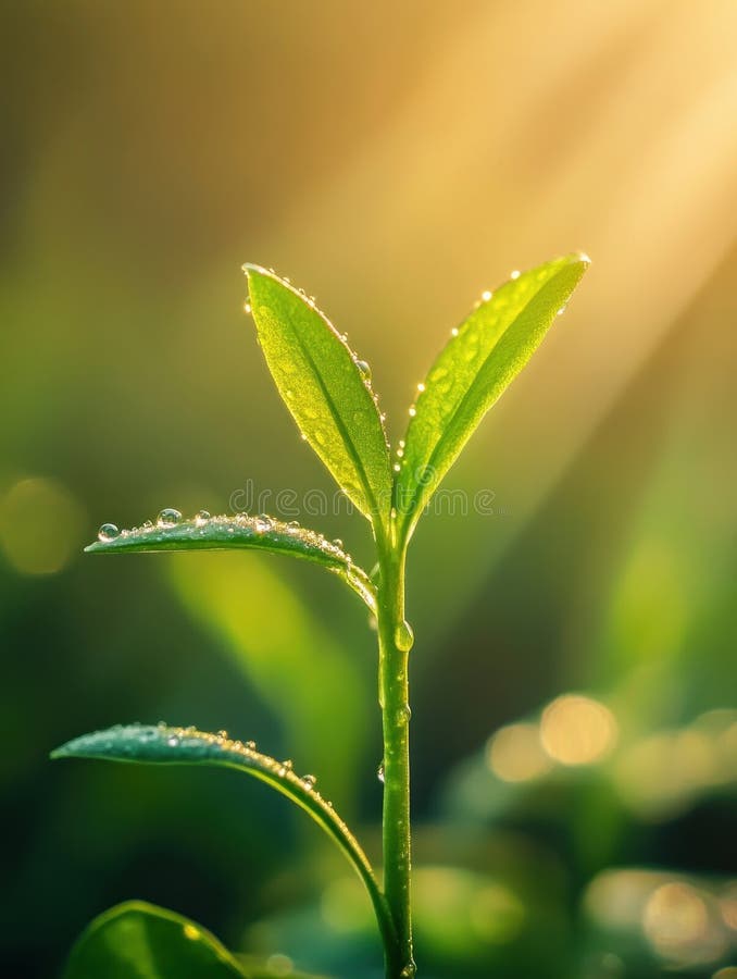 Morning Dew on Tiny Sprout. Close Up of Natures Fresh Beginnings for ...