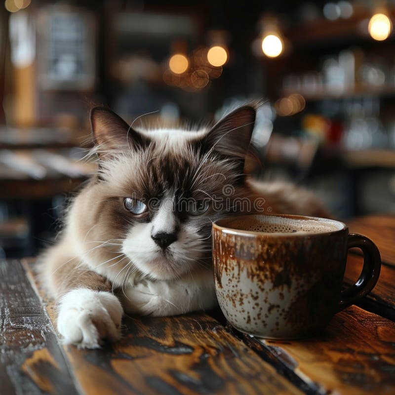 Grumpy Cat Next To Coffee Cup on Kitchen Table, Displeased Face with ...