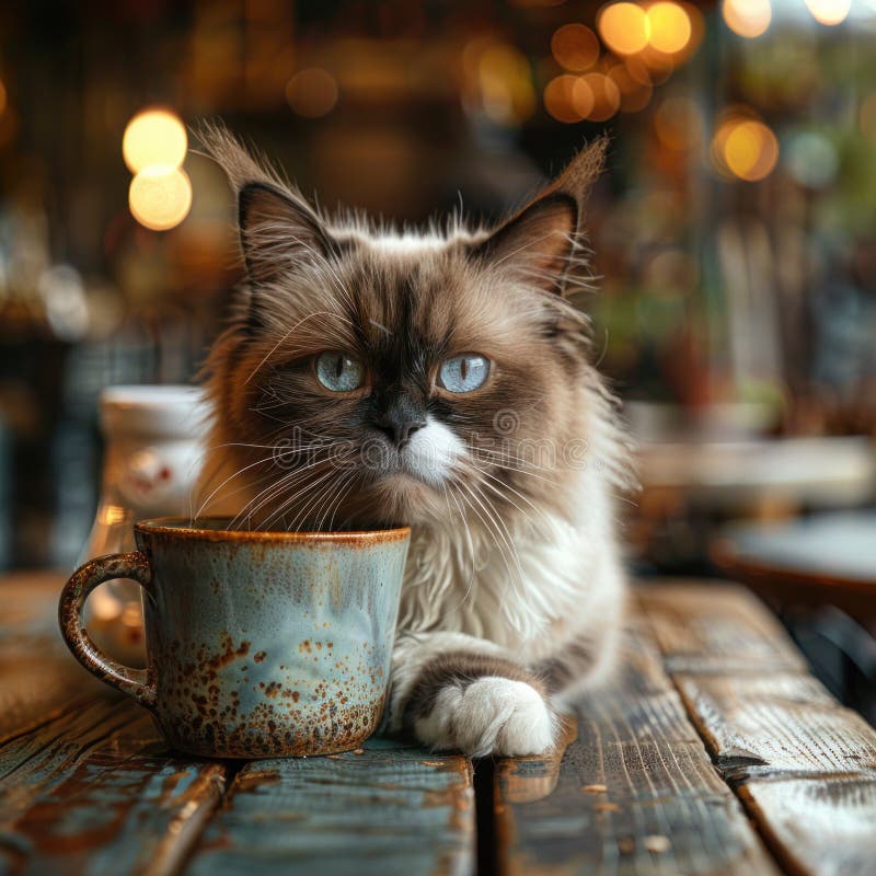 Grumpy Cat Next To Coffee Cup on Kitchen Table, Displeased Face with ...