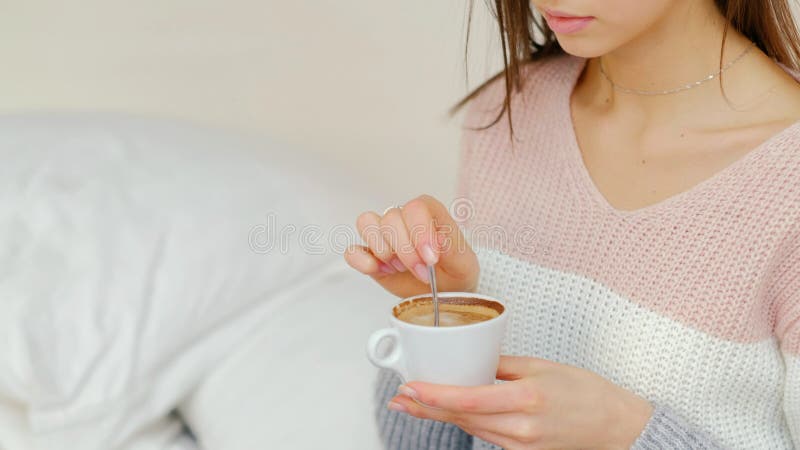 Morning Energy Hot Beverage Girl Stirring Coffee Stock Image Image Of