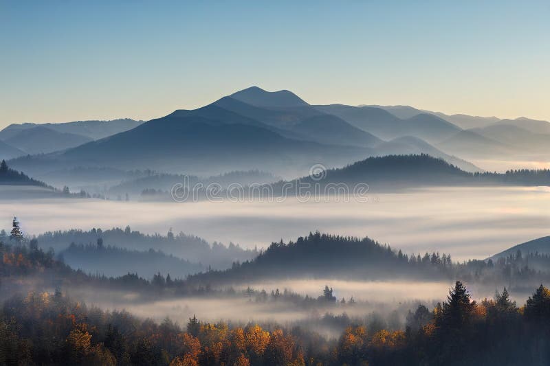 Morning Forest Fog Spreads Over Mountains and Trees Stock Illustration ...