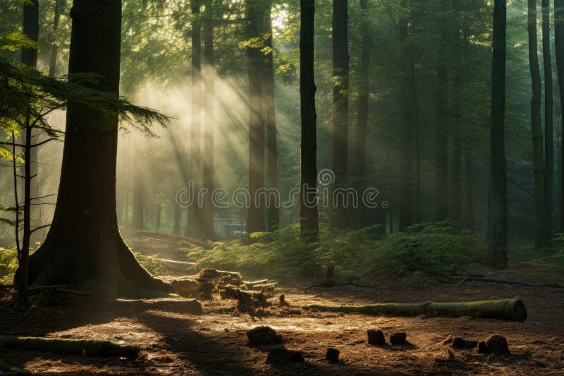 Morning in the Forest. Sun Rays through the Tree Trunks, a Deep ...