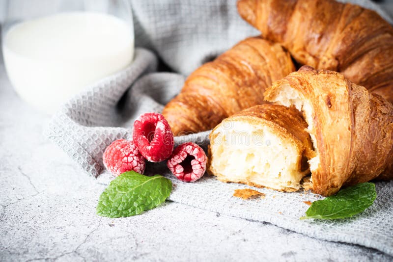 Morning with Fresh Croissants. Backgrounds on Concrete Stock Photo ...
