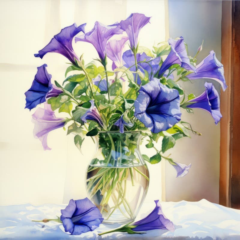 Morning Glory A Hyperrealistic Watercolor Vase Arrangement Stock