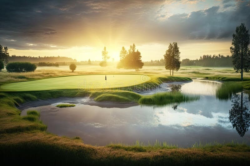 Morning Green Golf Field with Pool with Sunlight Made with Generative ...