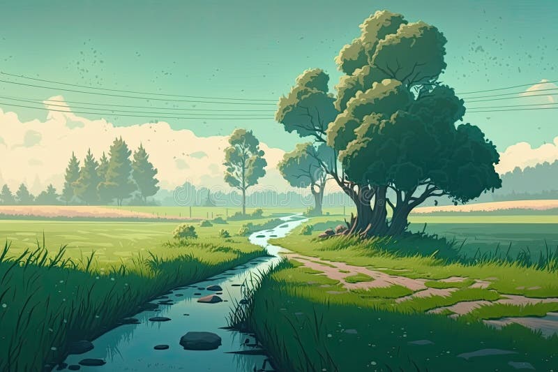 During the Morning Hours, the Field by the River is Shrouded in a ...