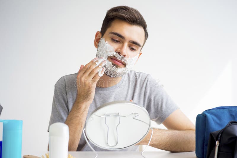 Guy morning hygiene stock photo. Image of routine, foam - 100093482