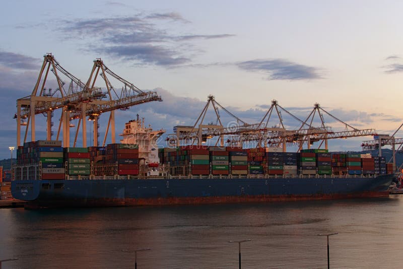 Morning in the International Cargo Harbor of Koper. Container Ship ...