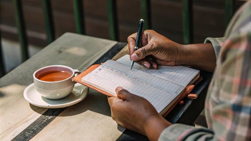 Morning Journal Writing with Coffee on a Sunny Balcony Table Stock ...