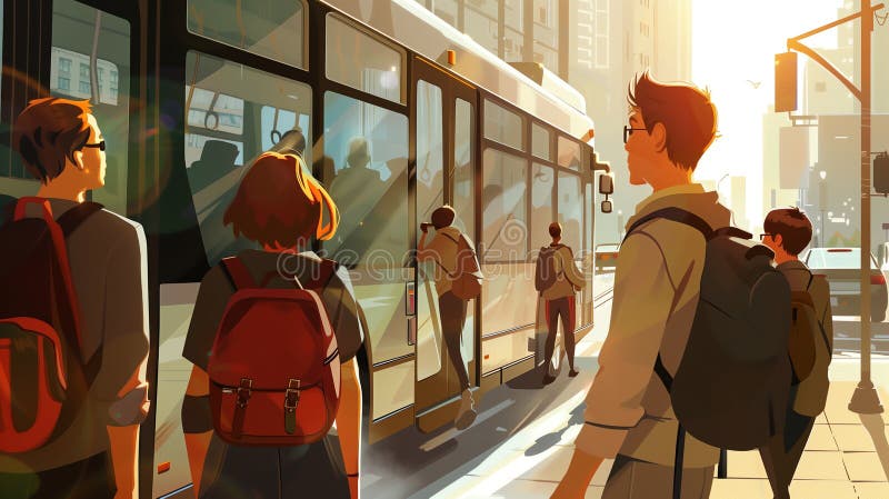 Morning Journey: Commuting To School Stock Illustration - Illustration ...