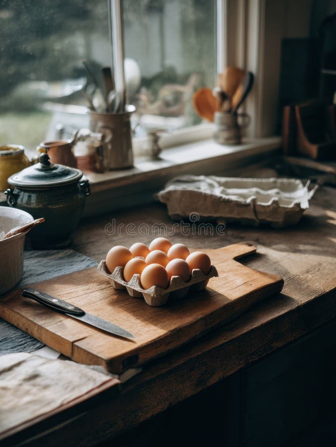 Morning Kitchen Table Setting Featuring a Cutting Board and a Carton of ...