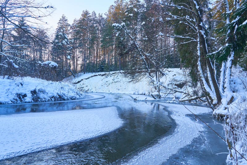 Morning Landscape with Icy River in a Snowy Forest Stock Photo - Image ...