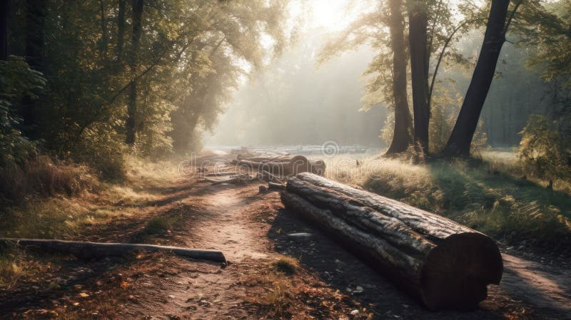 Morning Landscape in Nature with Path and Tree Trunk Logs Stock Image ...