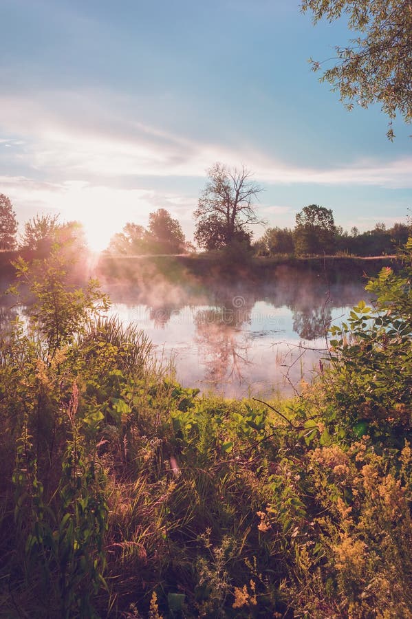Morning Landscape on a River with Mist Over the Water Stock Image ...