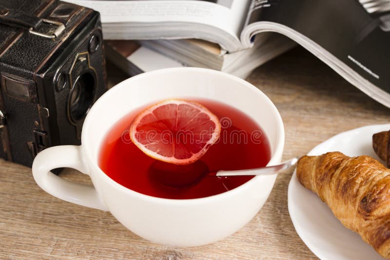 Morning Lemon Tea with Croissant Stock Image - Image of relax, leaves ...