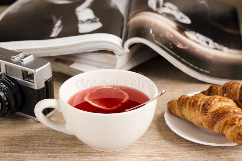 Morning Lemon Tea with Croissant Stock Photo - Image of black, brown ...