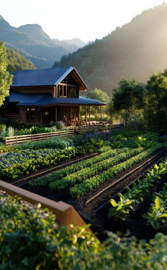 Serene Farmstead at Sunrise with Lush Gardens and Distant Mountains ...