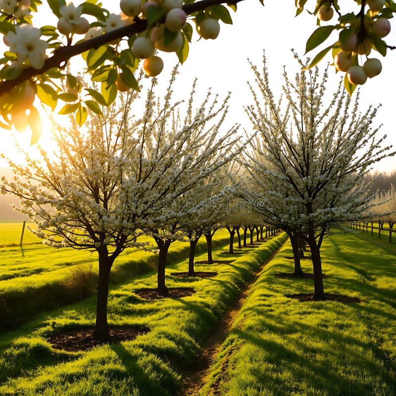 Morning Light on Blossom-Filled Apple Trees Stock Illustration ...