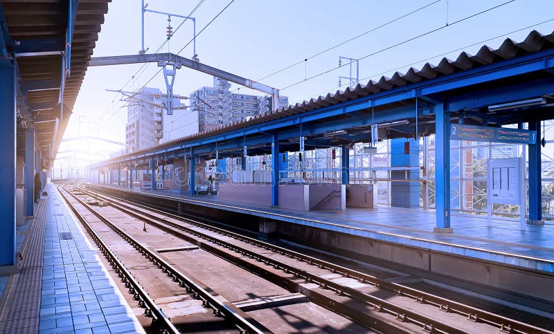 Morning Light on a Blue Railway Platform in Japan Stock Image - Image ...