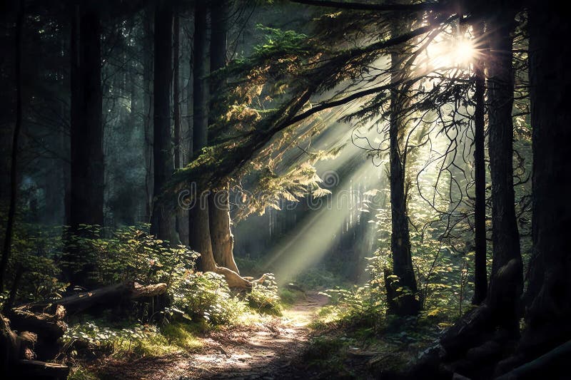 Morning Light in the Forest. Sunbeams Flowing through Foliage Trees on Forest Clearing. Forest ...