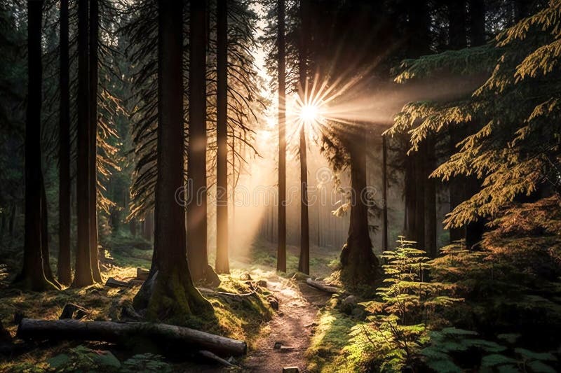 Morning Light in the Forest. Sunbeams Flowing through Foliage Trees on ...