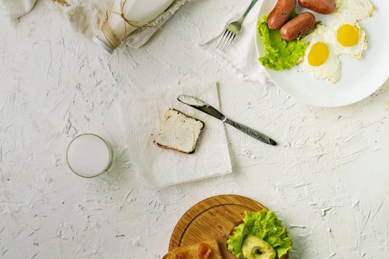 Morning Meal Concept, Table with Milk with Eggs and Nutritious ...