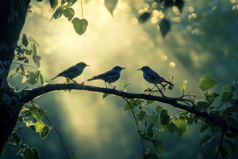 Morning Melodies Birds Singing on Tree Branches in a Forest Awakening ...