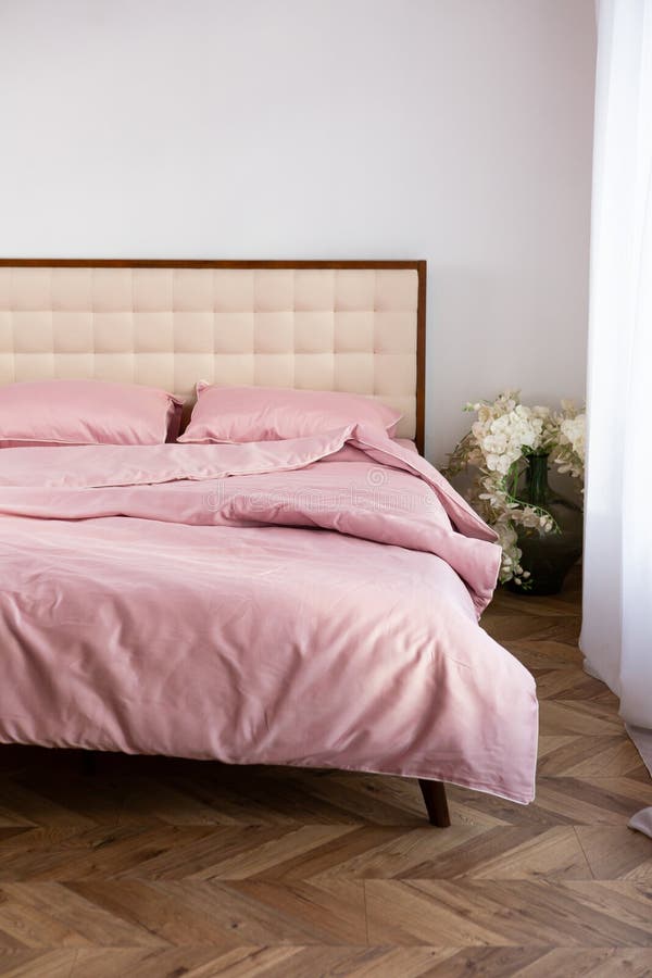 Morning Messy on Bed and Pink Cotton Textile Room Stock Image - Image ...