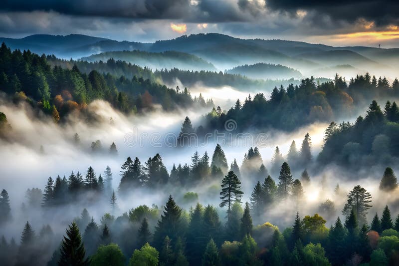 The Morning Mist Rises Above the Trees and Fog Stock Illustration ...