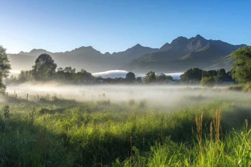 Morning Mist Rising Over Meadows, with Mountains in the Background ...