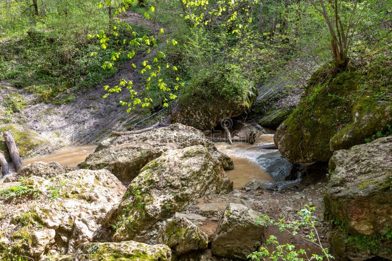 Waterfall and Canyon of a Mountain Stream, the Source of the Water ...