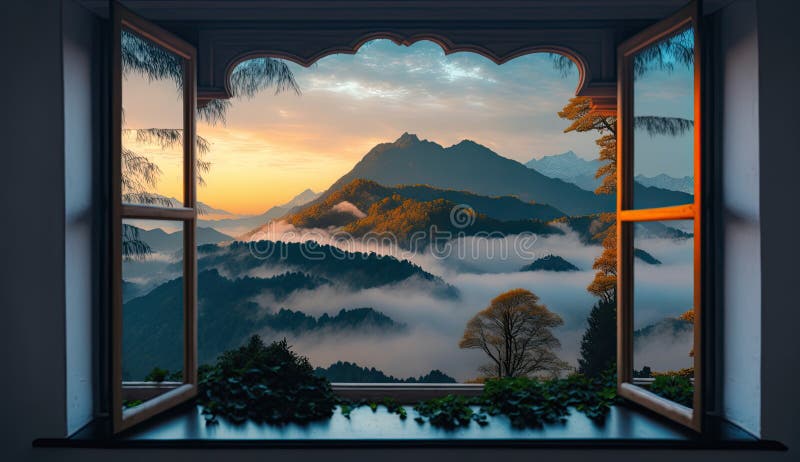 Morning Mountain View through Window. Stock Illustration - Illustration ...