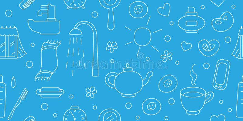 Morning Objects in the Doodle Style. White Contour on a Blue Background ...