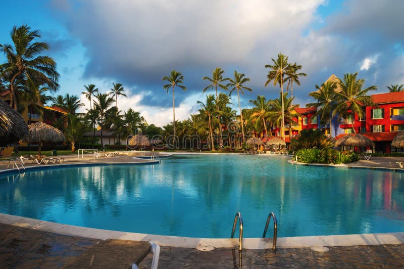Morning by the Pool in the Tropics Stock Image - Image of pool, palm ...