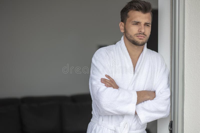 Morning Portrait of Handsome Young Man in Bathrobe Stock Image - Image ...