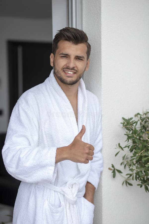 Morning Portrait of Handsome Young Man in Bathrobe Stock Image - Image ...